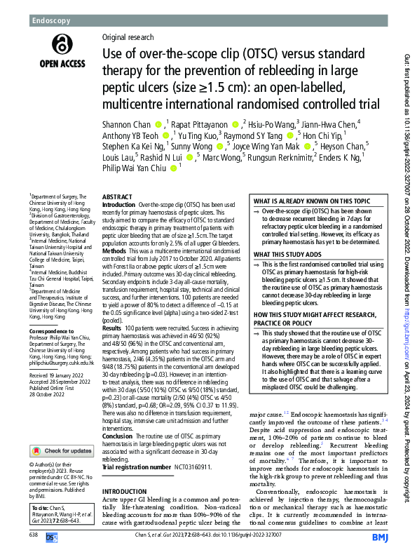 (PDF) Use of over-the-scope clip (OTSC) versus standard therapy for the ...
