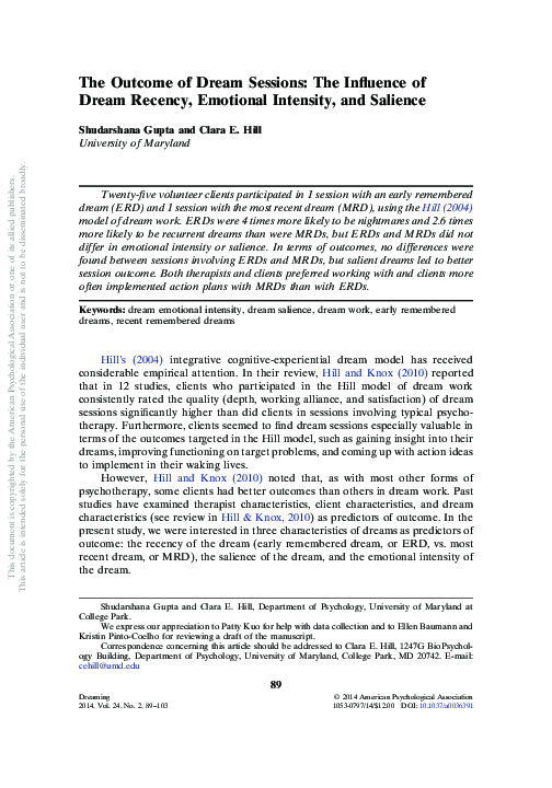 (PDF) The outcome of dream sessions: The influence of dream recency ...