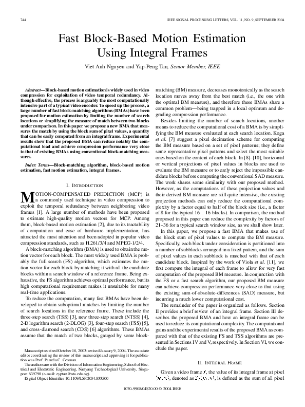 (PDF) Fast Block-Based Motion Estimation Using Integral Frames | Việt Nguyễn - Academia.edu