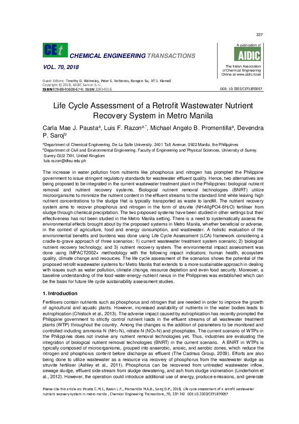 (PDF) Life Cycle Assessment of a Retrofit Wastewater Nutrient Recovery ...