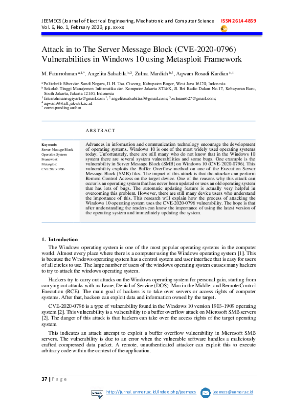 (PDF) Attack in to The Server Message Block (CVE-2020-0796) Vulnerabilities in Windows 10 using ...