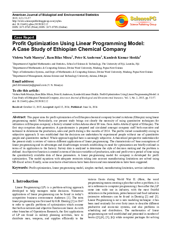 (PDF) Profit Optimization Using Linear Programming Model: A Case Study of Ethiopian Chemical Company