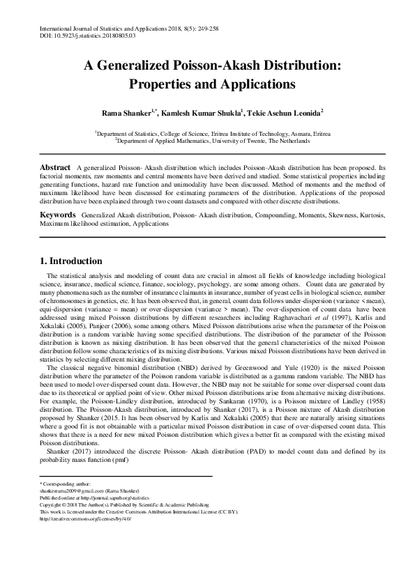 (PDF) A Generalized Poisson-Akash Distribution: Properties and Applications (PDF) A Generalized Poisson-Akash Distribution: Properties and Applications