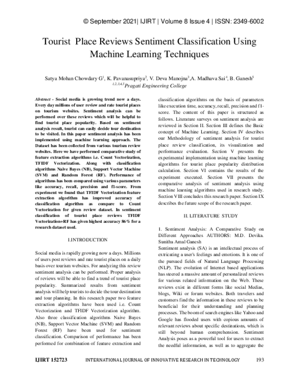 (PDF) Tourist Place Reviews Sentiment Classification Using Machine Learning Techniques