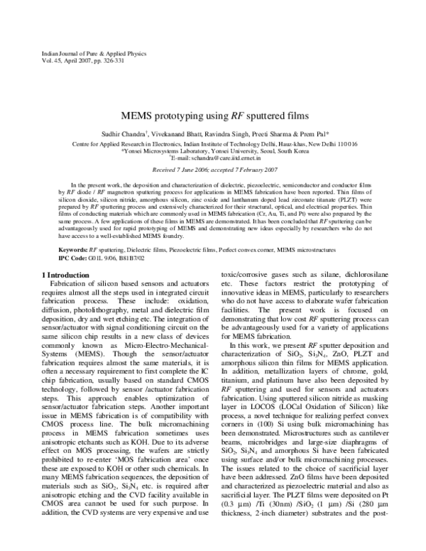 (PDF) MEMS prototyping using RF sputtered films | Vivekanand Bhatt - Academia.edu