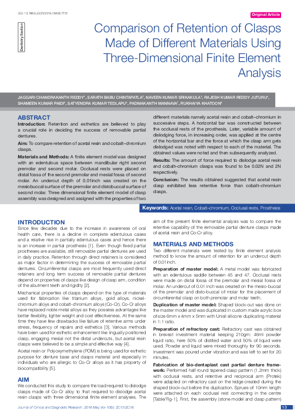 (PDF) Comparison of Retention of Clasps Made of Different Materials Using Three-Dimensional ...