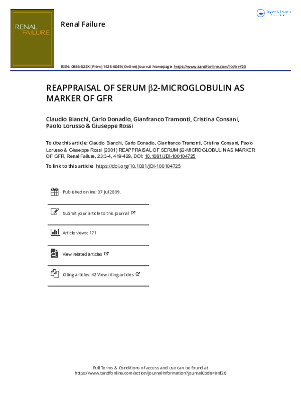(PDF) Reappraisal of Serum Β2-MICROGLOBULIN as Marker of GFR