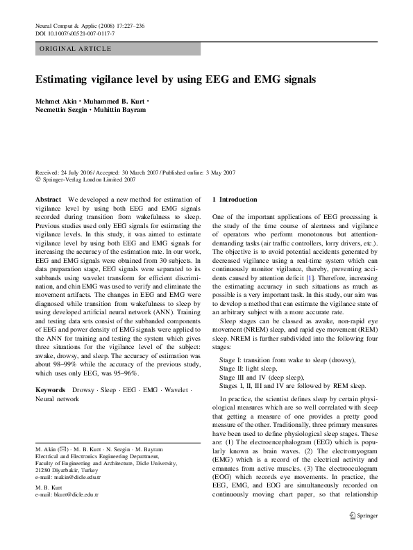 (PDF) Estimating vigilance level by using EEG and EMG signals