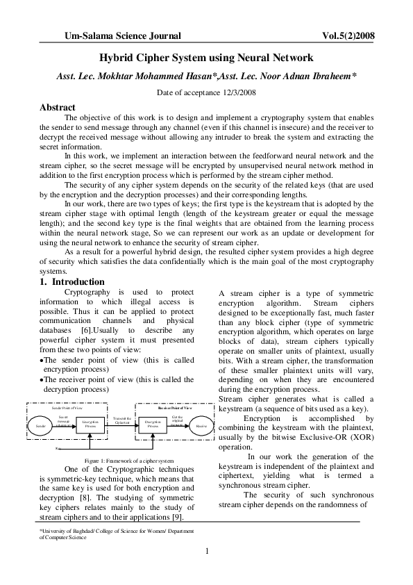 (PDF) Hybrid Cipher System using Neural Network