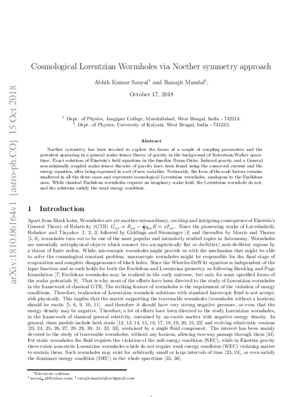 (PDF) Cosmological lorentzian wormholes via noether symmetry approach ...