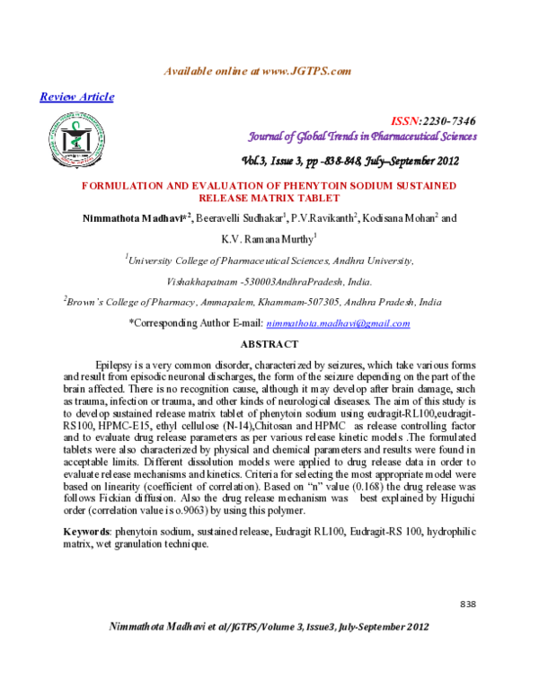 Pdf Formulation And Evaluation Of Phenytoin Sodium Sustained Release Matrix Tablet