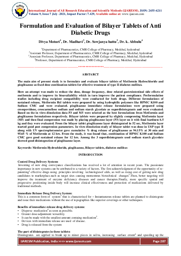 Pdf Formulation And Evaluation Of Bilayer Tablets Of Anti Diabetic Drugs