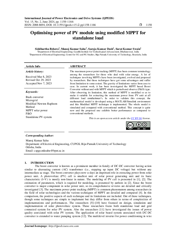 (PDF) Optimising power of PV module using modified MPPT for standalone load