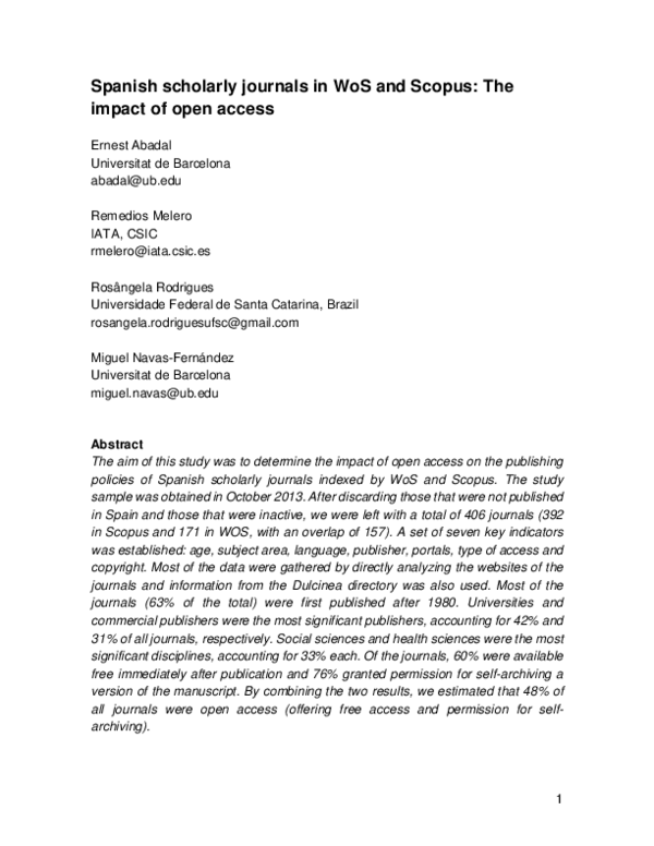 (PDF) Spanish Scholarly Journals in WoS and Scopus: The Impact of Open ...