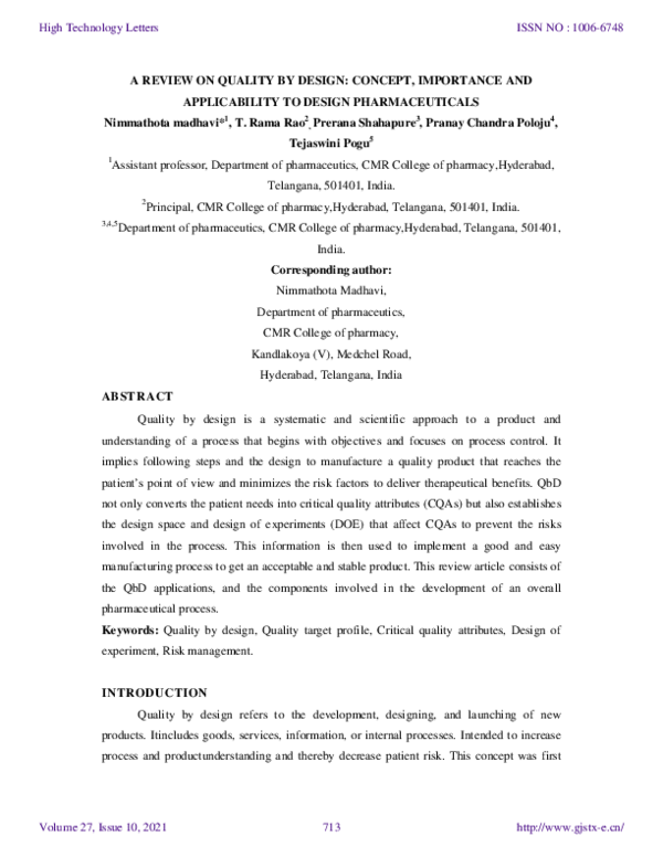 (PDF) A REVIEW ON QUALITY BY DESIGN: CONCEPT, IMPORTANCE AND APPLICABILITY TO DESIGN PHARMACEUTICALS
