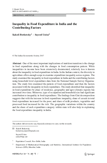 (PDF) Inequality in Food Expenditure in India and the Contributing Factors