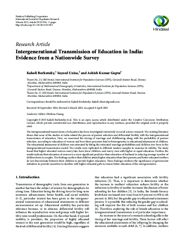 (PDF) Intergenerational Transmission of Education in India: Evidence ...