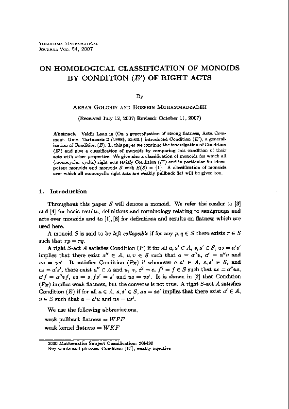 (PDF) ON HOMOLOGICAL CLASSIFICATION OF MONOIDS BY CONDITION ＄(E^{￥prime})＄ OF RIGHT ACTS