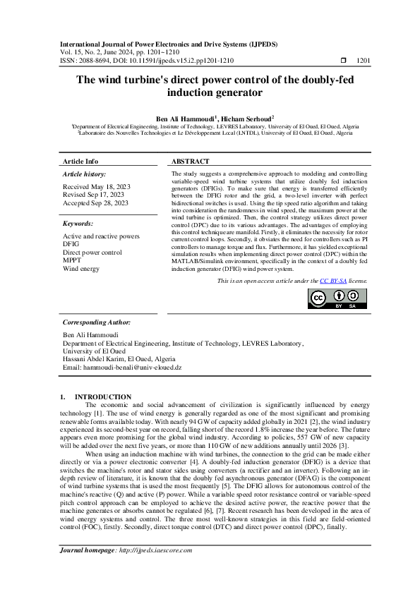 Pdf The Wind Turbines Direct Power Control Of The Doubly Fed Induction Generator