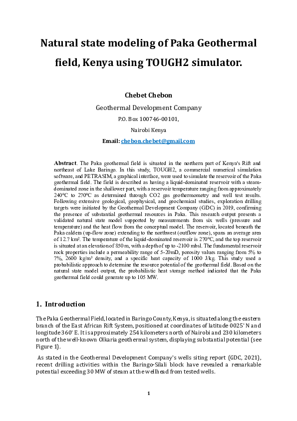 (PDF) Natural state modeling of Paka Geothermal field, Kenya using TOUGH2 simulator