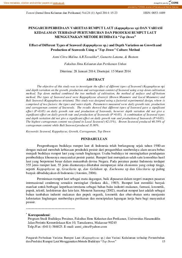 (PDF) Pengaruh Perbedaan Varietas Rumput Laut (Kappaphycus SP) dan Variasi Kedalaman terhadap ...