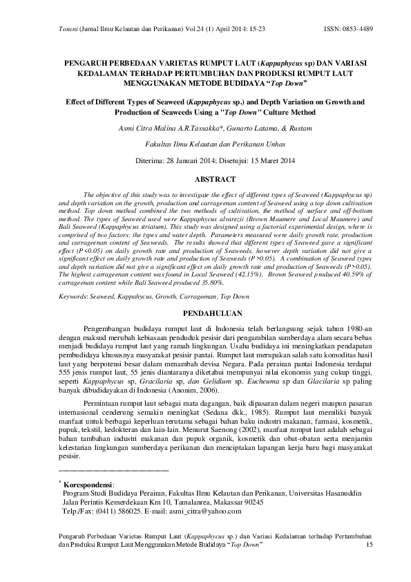(PDF) Effect of Different Types of Seaweed (Kappaphycus sp.) and Depth ...