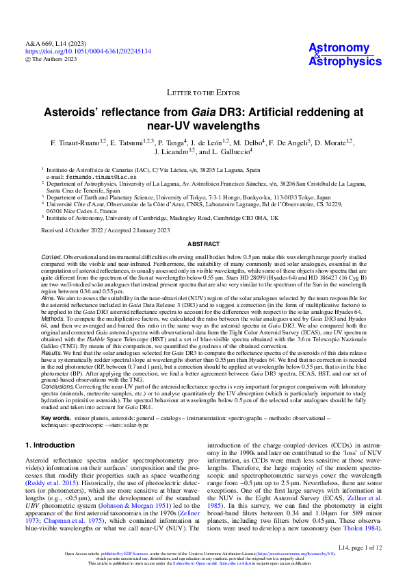 (PDF) Asteroids’ reflectance from Gaia DR3: Artificial reddening at ...
