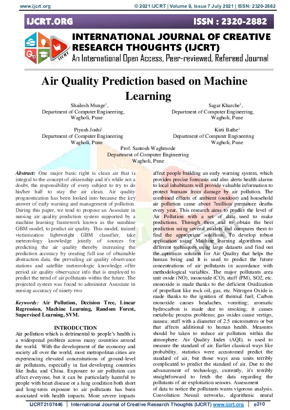 (PDF) Air Quality Prediction Based on Machine Learning
