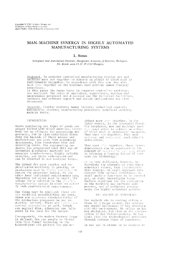 (PDF) Man-Machine Synergy in Highly Automated Manufacturing Systems | Laszlo Nemes - Academia.edu