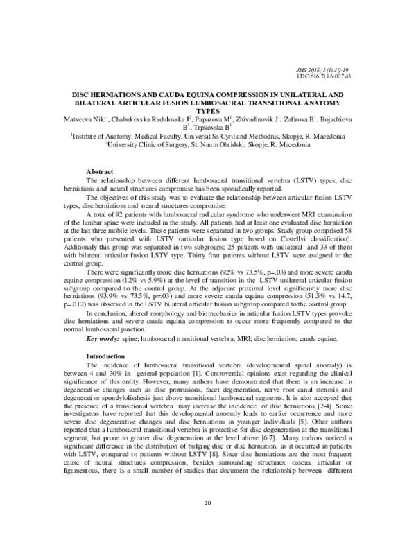 (PDF) Disc Herniations and Cauda Equina Compression in Unilateral and ...