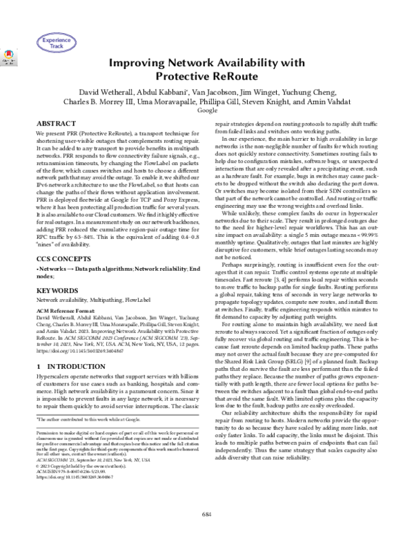 (PDF) Improving Network Availability with Protective ReRoute