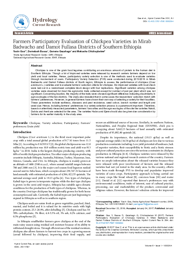 (PDF) Farmers Participatory Evaluation of Chickpea Varieties in Mirab Badwacho and Damot Fullasa ...