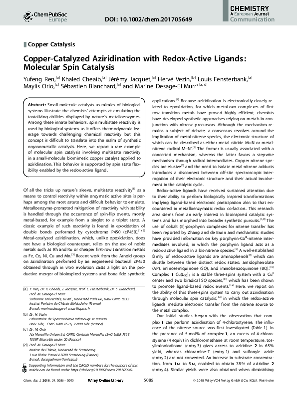 (PDF) Copper‐Catalyzed Aziridination with Redox‐Active Ligands: Molecular Spin Catalysis