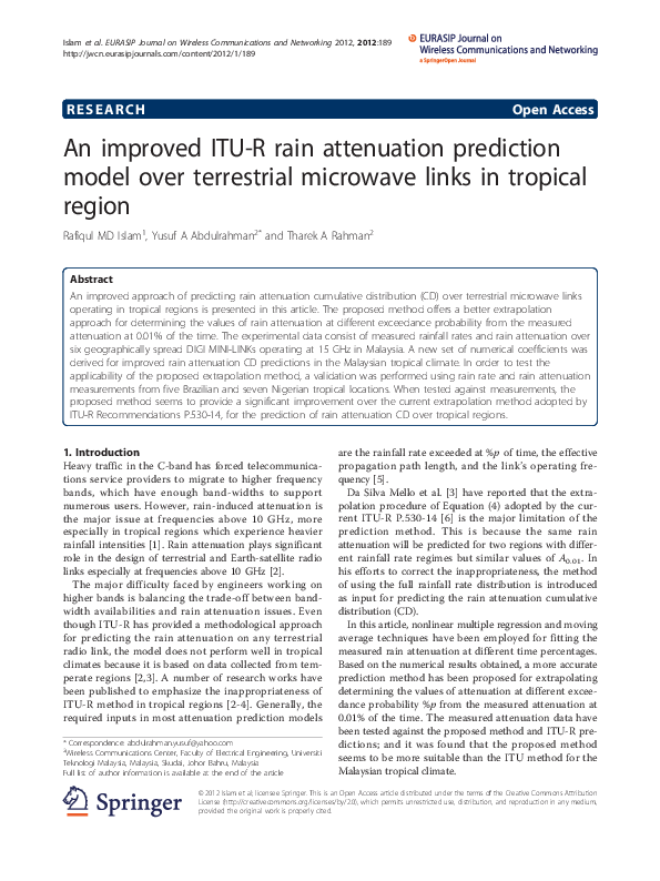(PDF) An improved ITU-R rain attenuation prediction model over ...
