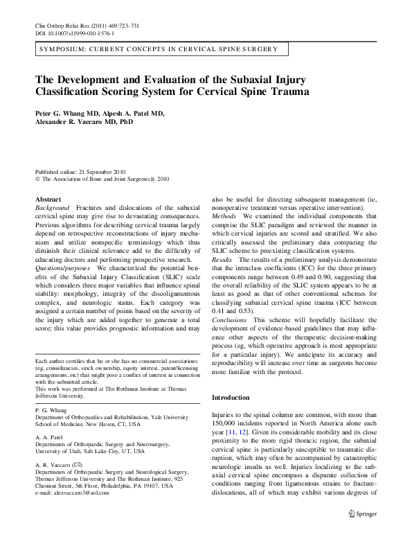 (PDF) The Development and Evaluation of the Subaxial Injury Classification Scoring System for ...