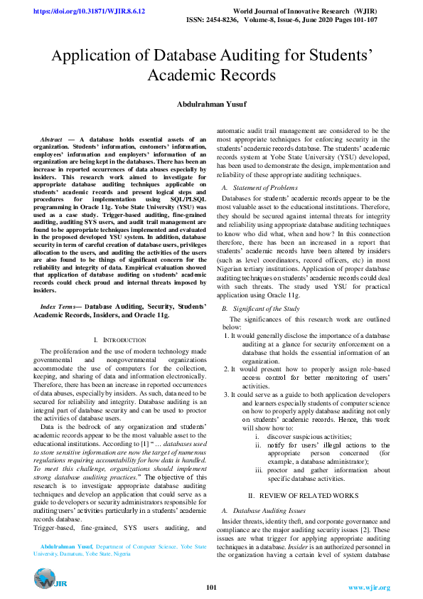 (PDF) Application of Database Auditing for Students‟Academic Records | Abdulrahman Yusuf ...