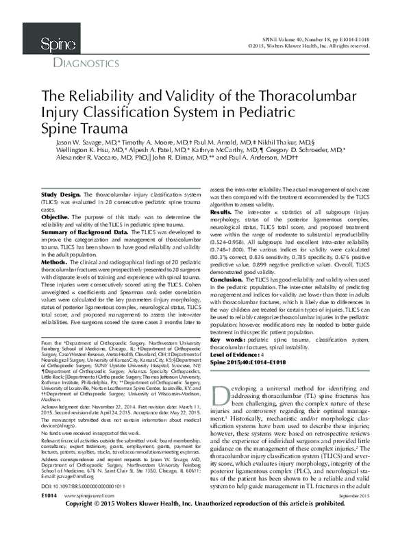 (PDF) Reliability and Validity of the Thoracolumbar Injury ...