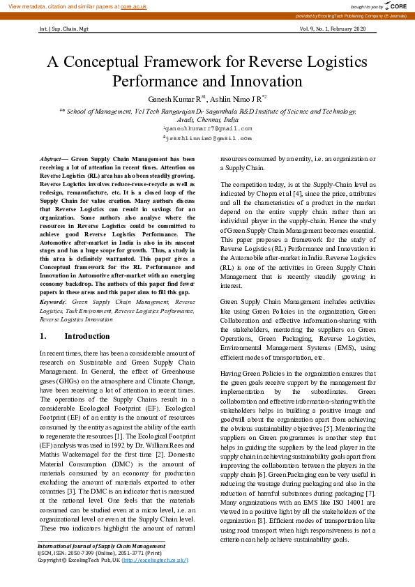 (PDF) A Conceptual Framework for Reverse Logistics Performance and Innovation