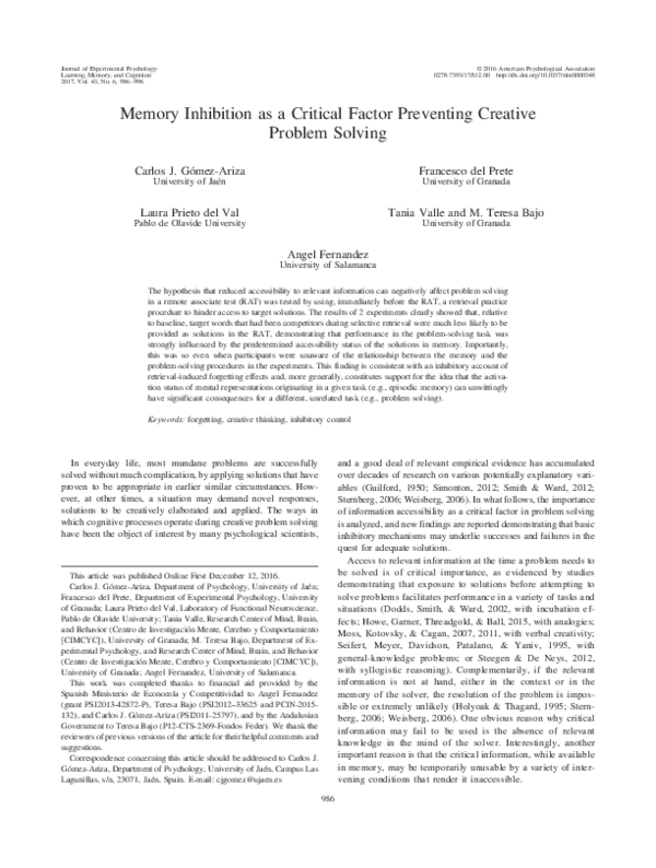 (PDF) Memory Inhibition as a Critical Factor Preventing Creative ...