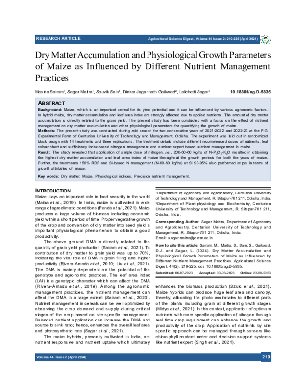 (PDF) Dry Matter Accumulation and Physiological Growth Parameters of Maize as Influenced by ...