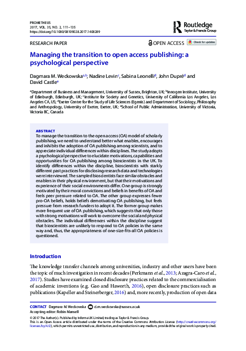 (PDF) Managing the transition to open access publishing: a ...