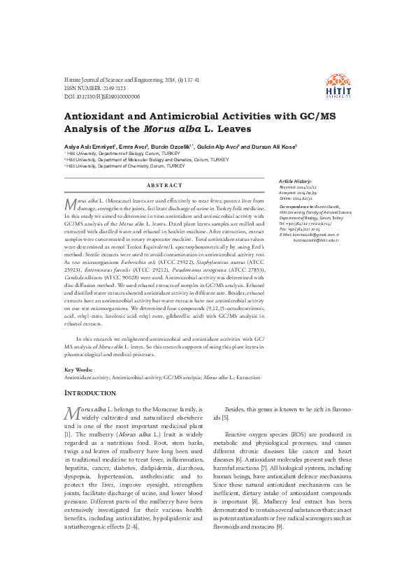 (PDF) Antioxidant and antimicrobial activities with GC/MS analysis of the Morus alba L. Leaves
