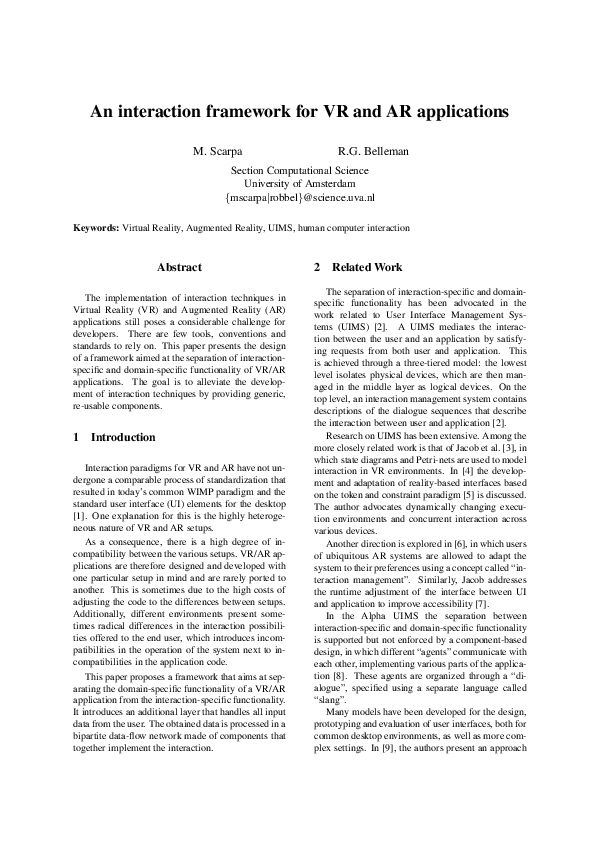 (PDF) An interaction framework for VR and AR applications