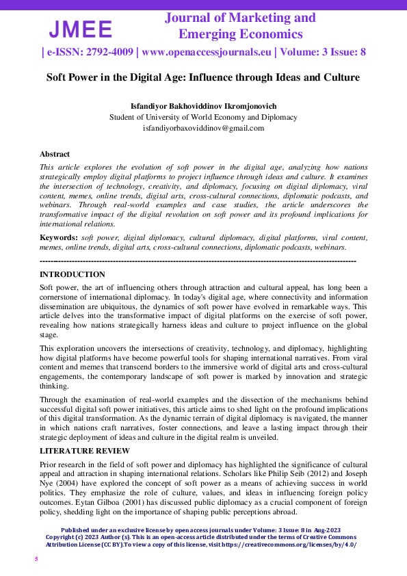 (PDF) Soft Power in the Digital Age: Influence through Ideas and Culture