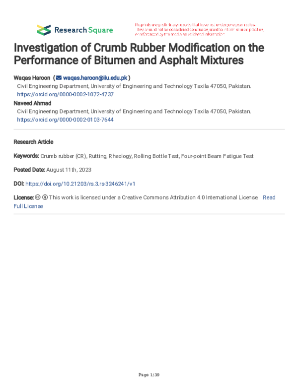 (PDF) Investigation of Crumb Rubber Modification on the Performance of ...