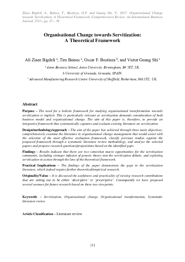 (PDF) Organisational change towards servitization: a theoretical framework