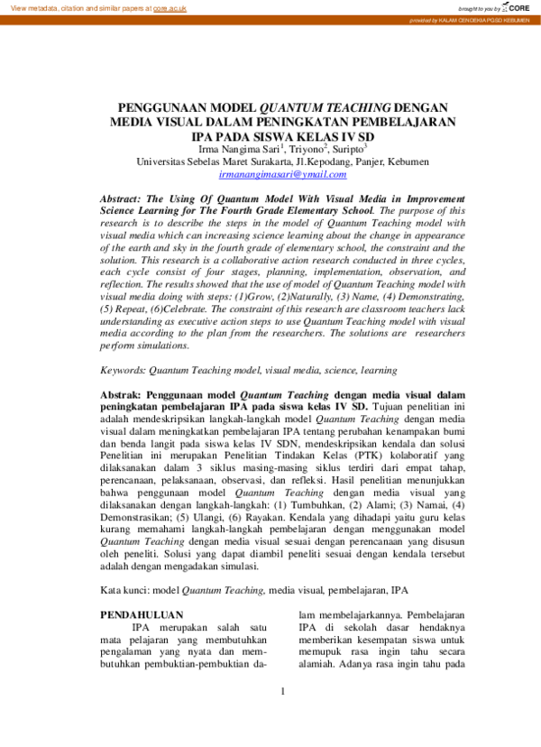 (PDF) Penggunaan Model Quantum Teaching Dengan Media Visual Dalam Peningkatan Pembelajaran Ipa ...