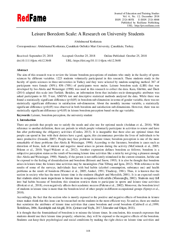 (PDF) Leisure Boredom Scale: A Research on University Students