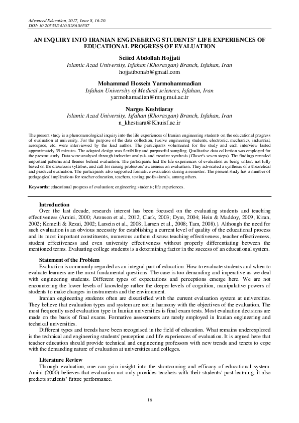 (PDF) An Inquiry Into Iranian Engineering Students Life Experiences of the Evaluation of ...