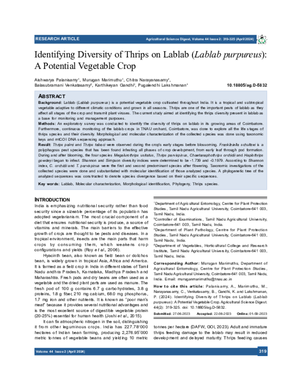 (PDF) Identifying Diversity of Thrips on Lablab (Lablab purpureus): A Potential Vegetable Crop